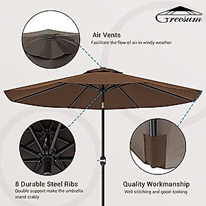Greesum Patio Umbrella, Outdoor Market Table Parasol with Push Button Tilt, Crank and 8 Sturdy Ribs for Garden, Lawn Backyard & Pool, Brown