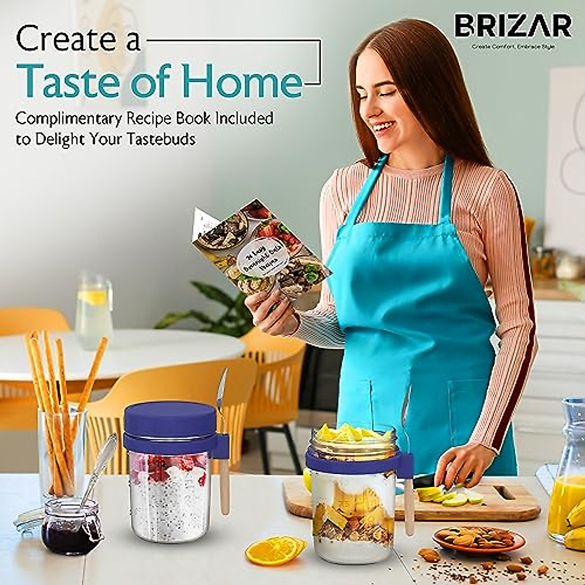 BRIZAR Glass Overnight Oats Containers with Lids - Airtight Overnight Oats Jars & Recipe Book - Overnight Oats Container for Food Storage, Oatmeal, Chia Pudding, Fruit, Yogurt - 2 Pack, 10 oz