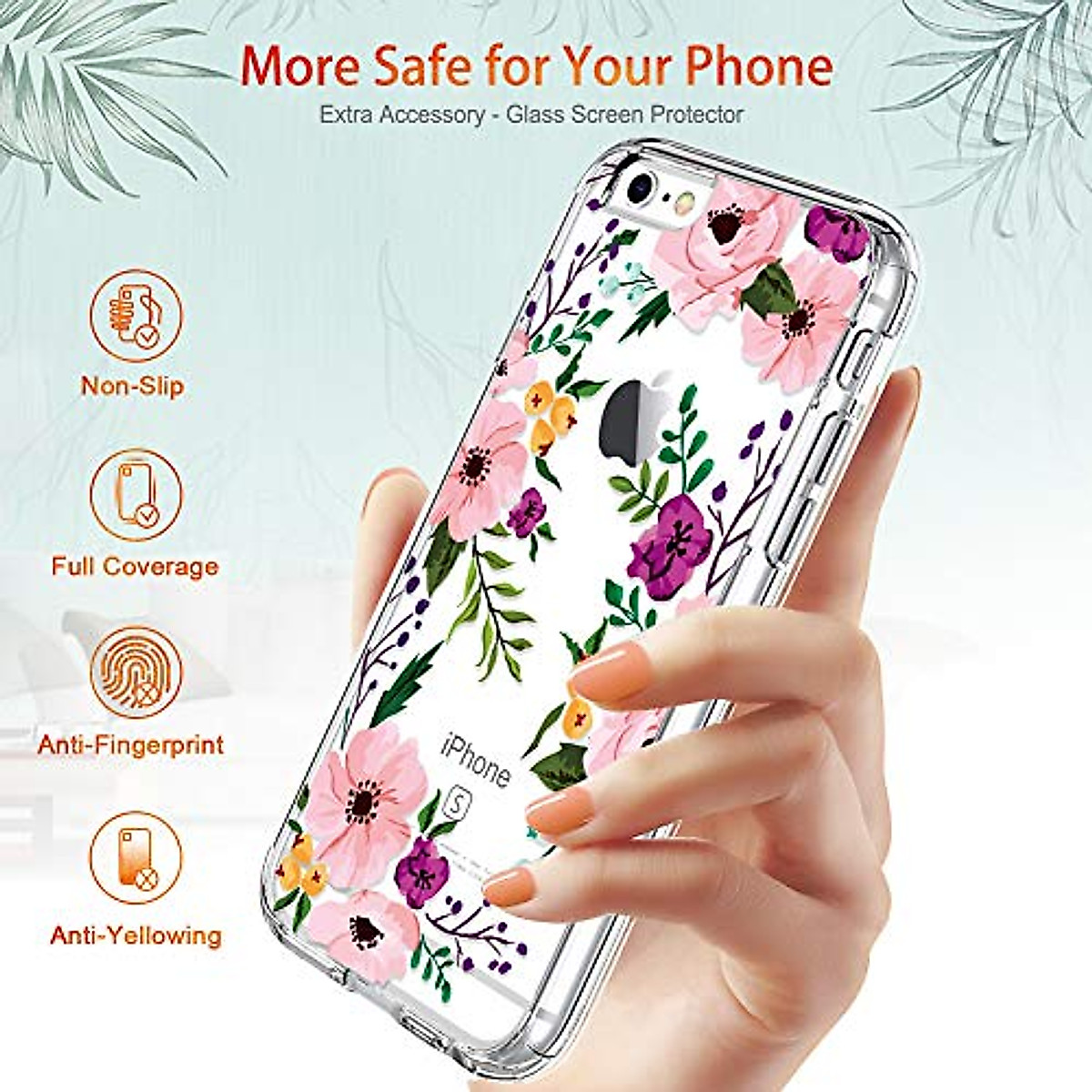 GiiKa iPhone 6 6s Case with Screen Protector, Not 6 Plus Clear Heavy Duty Protective Case Floral Girls Women Shockproof Hard PC Case with Slim TPU Bumper Cover Phone Case for iPhone 6s, Small Flowers