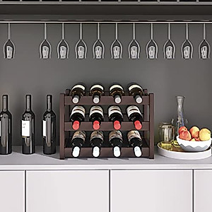 SMIBUY Bamboo Wine Rack, 12 Bottles Display Holder, 3-Tier Free Standing Storage Shelves for Kitchen, Pantry, Cellar, Bar (Dark Brown)