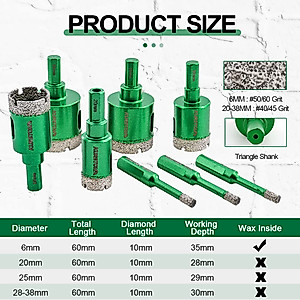 Porcelain Tile Diamond Drill Bits Set - 8 pcs(6/6/6/20/25/28/35/38mm) Dry Diamond Hole Saw Triangle Shank for Ceramic Marble Granite Stone Diamond Core Drill Bit Kit Fixed on Drills,Set1