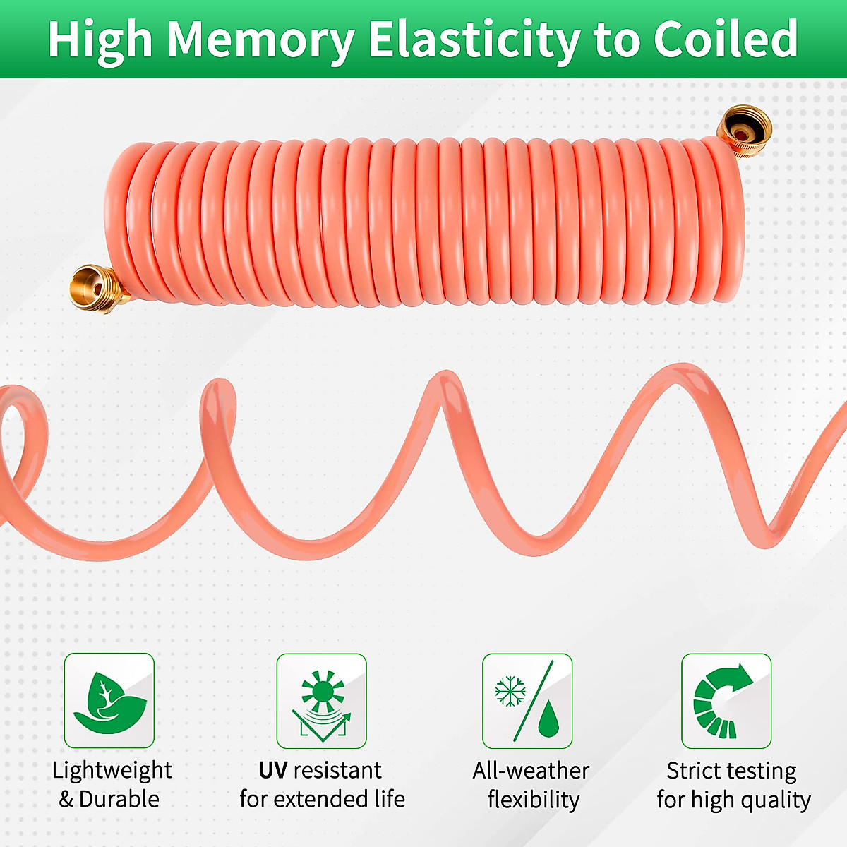 Yereen Coil Garden Hose 50FT, EVA Recoil Garden Hose, Self-coiling Water Hose with 3/4" Connector Fittings with 8 Function Spray Nozzle, Creamy Orange