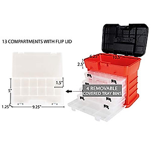 Storage Tool Box - Portable Multipurpose Organizer With Main Top Compartment and 4 Removable Multi-Compartment Trays by Stalwart,Red,11 in x 7 in x 10 in