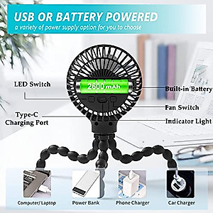 YKLWORLD Mini Baby Stroller Fan, Portable Fan Clip On with Flexible Tripod, USB or Battery Operated Handheld Personal Fan 3 Speeds Car Seat Fan for Desk Crib Bike Treadmill Travel Camping - Black