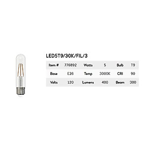 Bulbrite Item 776892 LED Filament Bulb, 3000K, Fully Compatible Dimming, Bulb Type T9, 5 Watts, Bulb Base E26, 400 Lumens, 120V, CRI 90, Soft White Light, Chandelier Bulb with Medium E26 Base