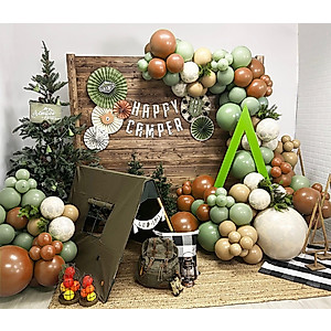 Enanal One Happy Camper Balloon Garland Arch Kit, 146pcs Sage Green Brown Camouflage Balloons with Campfire Balloon for Camping Woodland Party Supplies First Birthday Jungle Baby Shower Decorations