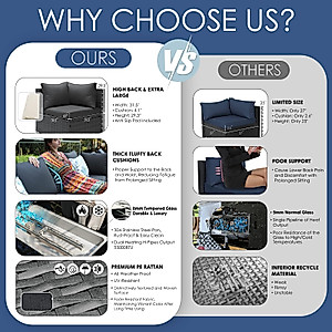 NICESOUL® 9 Pieces Outdoor Patio Sectional Furniture Sofa Set with Fire Pit Table Natural Gas Propane, 29.3'' High Back Modern Large Size PE Wicker Conversations with Fireplaces for Backyard