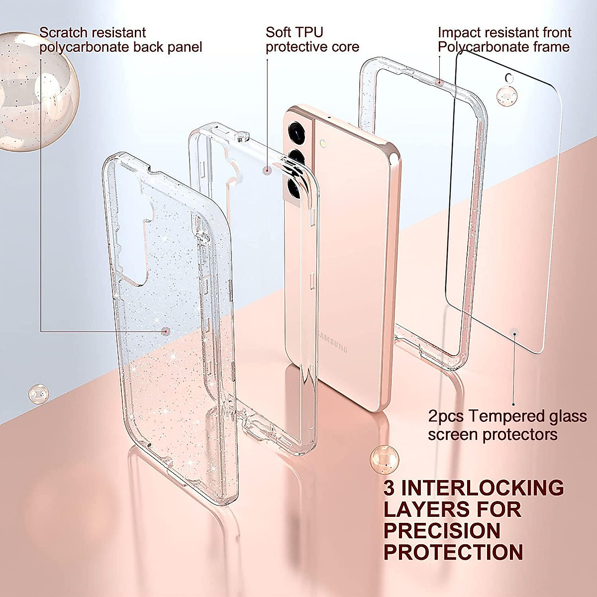 KIOMY Clear Shockproof Case for Samsung Galaxy S22 with 2 Packs Tempered Glass Screen Protectors, 3 Layers in 1 Full Body Protection Hard PC Back and Front Cover + TPU Bumper Glitter Sparkle Sparkly