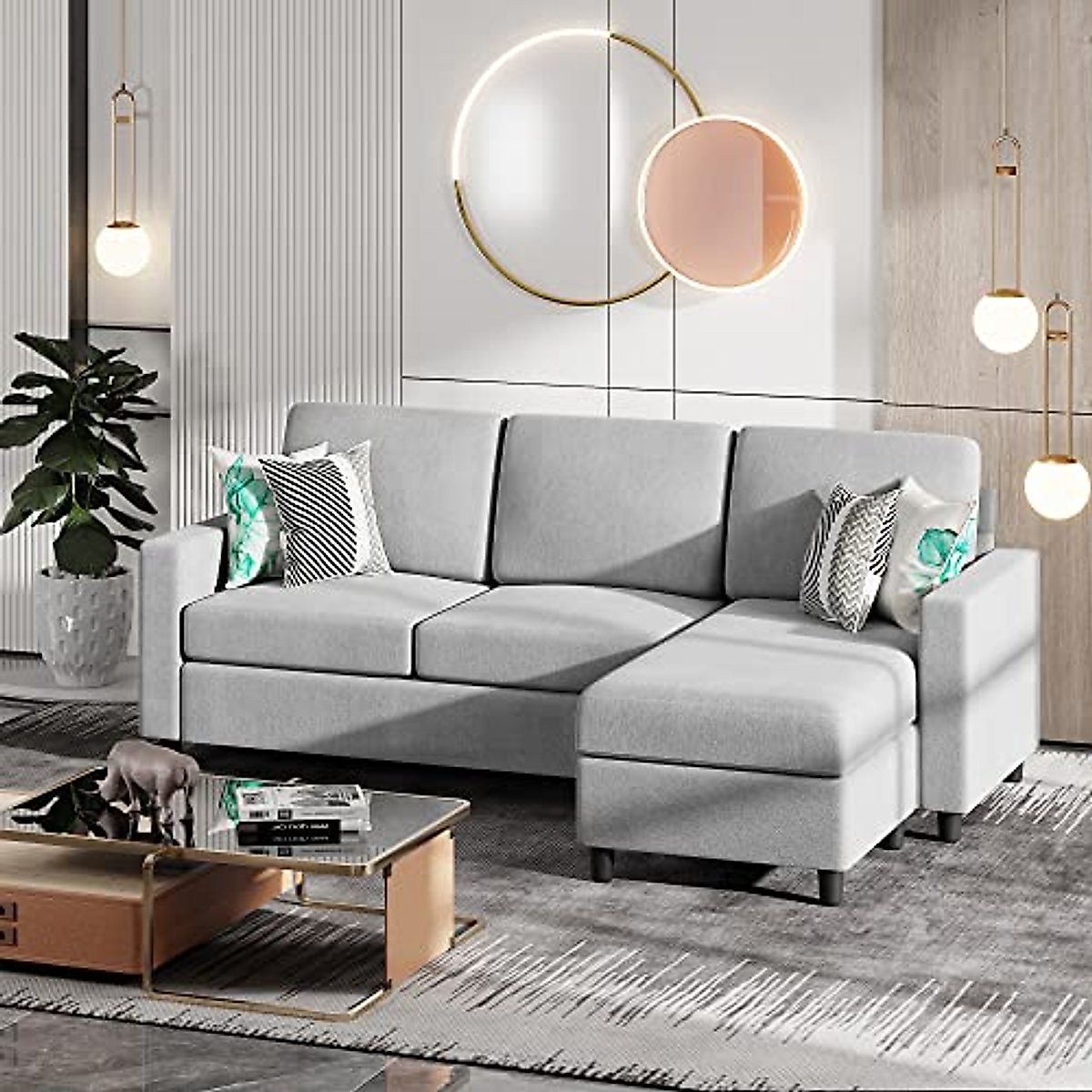 JY QAQA Convertible Sectional Sofa Couch,78’’ L-Shaped Couch with Modern Linen Fabric 3-Seat Wide Reversible Chaise for Small Space(Light Grey)