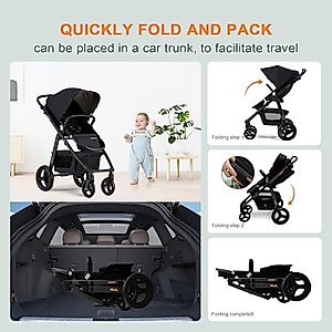 Baby Stroller, 2 in 1 Convertible Stroller with Bassinet Mode, Newborn Pram Stroller, Infant Stroller with Reversible Seat for Toddler, Adjustable Canopy and Footrest, Easy Fold (Black)