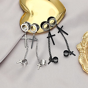 Longbeauty 2 Pairs Surgical Steel Dangle Cross Ear Tunnels Fashion Ear Gauges Plugs Expander Stretchers Piercings Black & Silver 1/2"