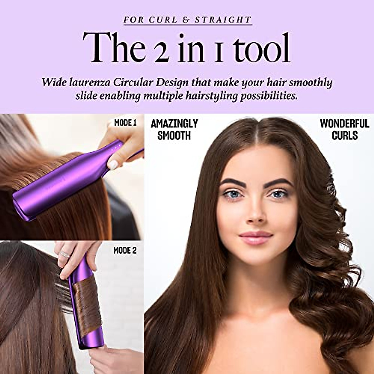 Milano by Laurenza Hair Straightener and Curler 2 in 1, SuperMax Design 8.5 Inch² Extra-Large 3D Floating Ceramic Flat Iron, Dual Voltage Straightening Irons with 20 Million cm³ Anion Outlet (Purple)