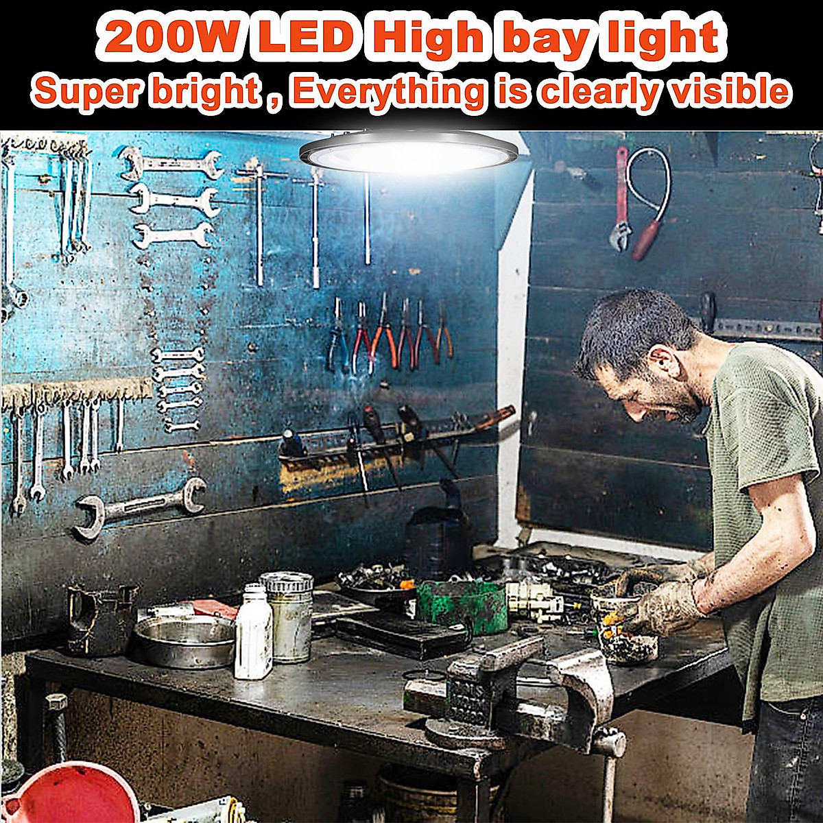 Juyace LED High Bay Light 200W 21000 LM with US Plug 5000K Daylight Shop Light IP65 Commercial Lighting for Barn Garage Warehouse Workshop Industrial Area