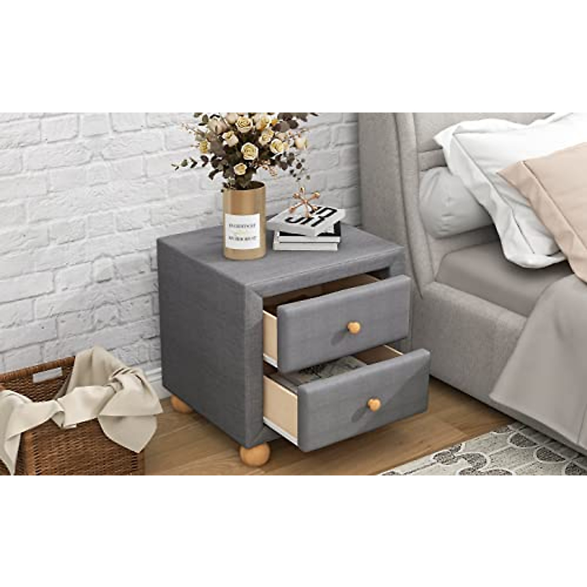 Modern Nightstand with 2 Drawers, Upholstered Night Stands with Storage Drawers, Wooden Bedside Tables with Natural Wood Knobs, Small End Side Table for Bedroom, Living Room, Home, Dark Grey