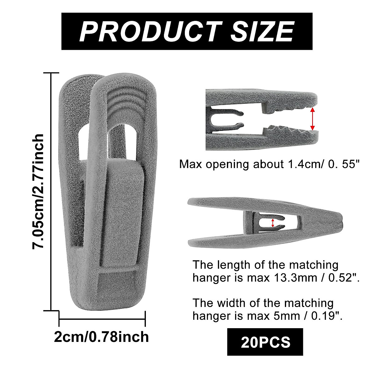 Feelorna 20 Pcs Velvet Hangers Clips, Non-Slip Clothes Hanger Clips Multi-Purpose Hanger Clips Strong Finger Flocked Clips for Pants Skirt Clothes Velvet Hanger (Gray)