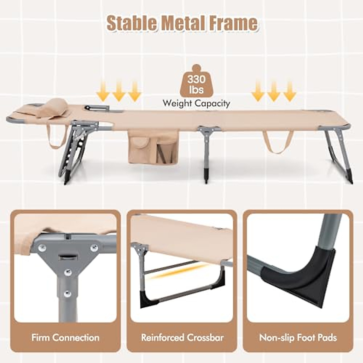 Goplus Tanning Chair, Folding Adjustable Patio Lounge Chair with Face Hole, Removable Pillow, 330LBS, Carry Strap, Outdoor Sunbathing Chair, Lightweight Portable Beach Lounge Chair (1, Beige)