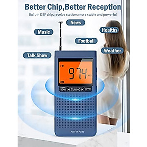 AM FM Portable Radio,Pocket Radio with Best Reception,Transistor Radio with Big Digital Screen, Sleep Timer,Stereo Earphone Jack, and Alarm Clock Operated by 2 AAA Batteries for Jogging, Walking(Blue)
