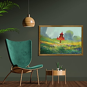 Ambesonne Fantasy Framed Wall Art, Lady in Floral Field Meadow to Red Castle Before Sublime Mountain Art, Fabric Poster with Walnut Tone Wood Frame Home Dorm Decor, 35" x 23", Red Green