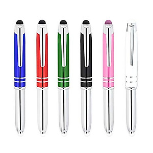 Travigo 6-Pack 3-in-1 Capacitive Stylus Tip Ballpoint Metal Pen with LED Light Set | Black Blue Red Green Pink White