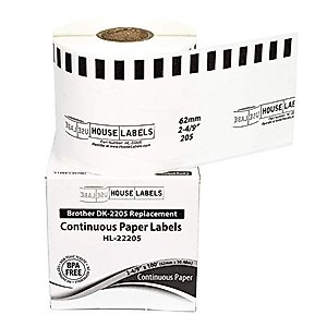 HOUSELABELS Compatible with DK-2205 Replacement Roll for Brother QL Label Printers; Continuous Length Labels; 2-4/9" x 100 feet (62mm*30.48m) - 50 Rolls