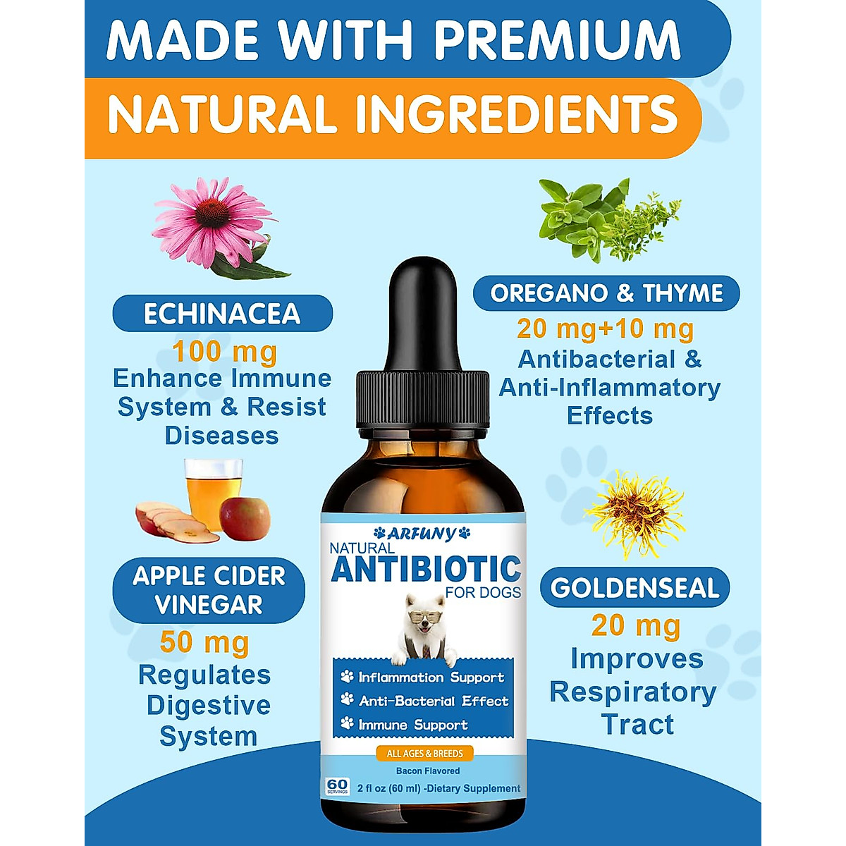 Natural Antibiotics for Dogs | 60ML Dog Antibiotic Drops | Dog Itchy Skin Relief | Dog Allergy Relief | Dog Immune Support | Dog Antibiotics for Skin Infection | Organic Natural Ingredients | Bacon