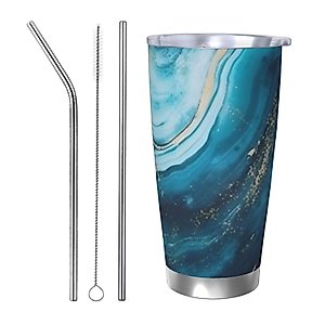EKPRAVDKTF Stone Blue Gold Marble 20oz Insulated Stainless Steel Tumbler With Lids And Straws, Double Wall Vacuum Travel Coffee Mug, Thermal Cup For Cold & Hot Drinks, Reusable Metal Straw & Brush