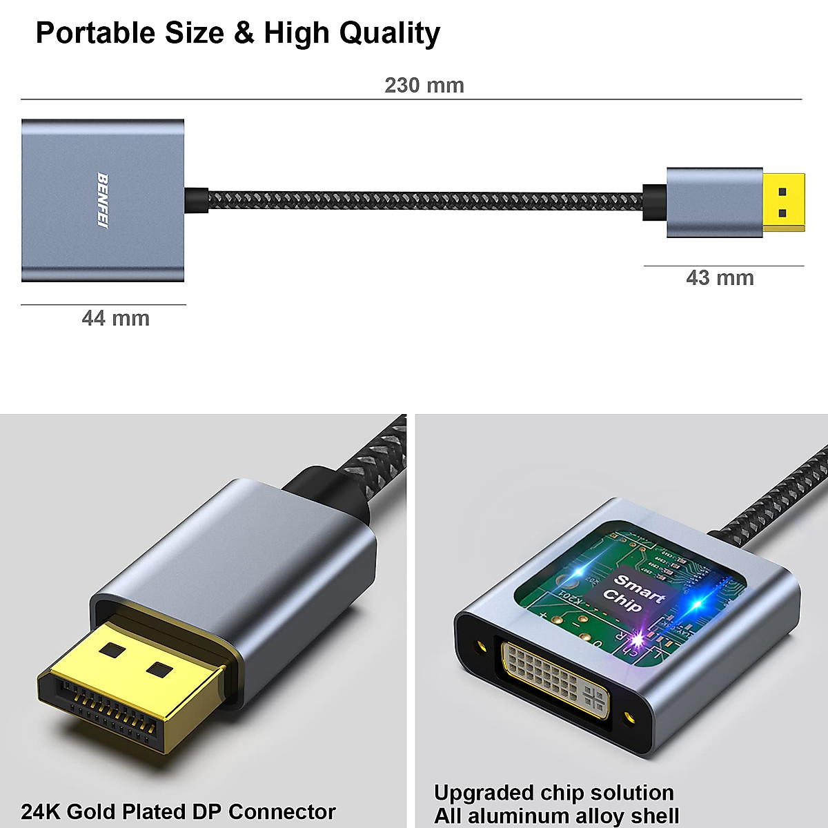 DisplayPort to DVI, Benfei DisplayPort to DVI-D Single Link Adapter Male to Female Adapter Compatible for Lenovo Dell HP and More [Gold-Plated Connectors, Aluminium Shell&Nylon Cable]