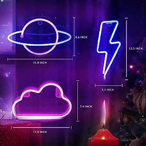 VIOPVERY 3 Pcs Neon Cloud Lightning Planet Signs for Bedroom Wall Decor, LED Lights for Kids Room, Gift, Party, Birthday, Christmas, Wedding, Bar