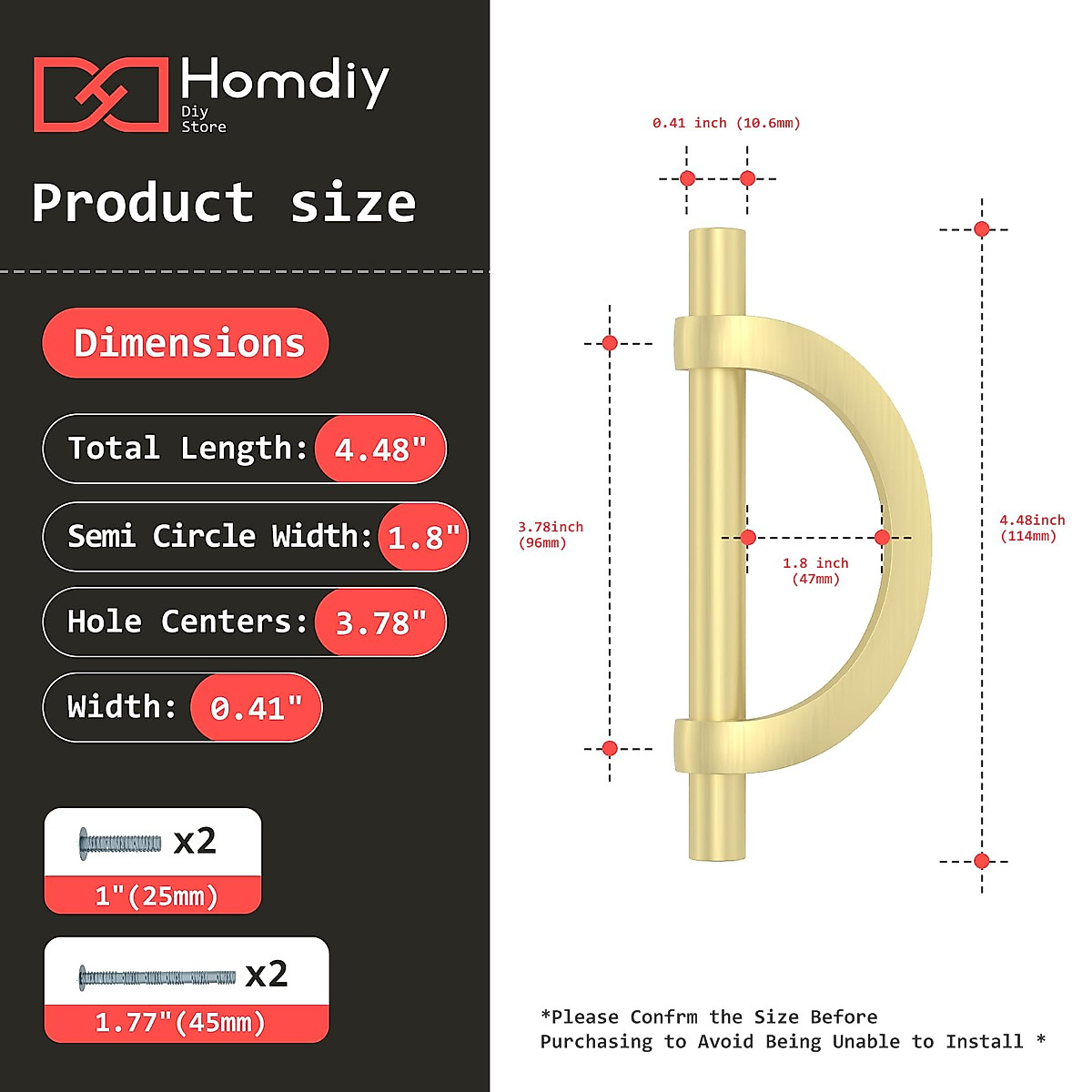 homdiy 2 Pack Brushed Gold Cabinet Pulls 3.75" Drawer Half Moon Handles for Dresser Kitchen Hardware, 3-3/4 inch(96mm) Hole Centers