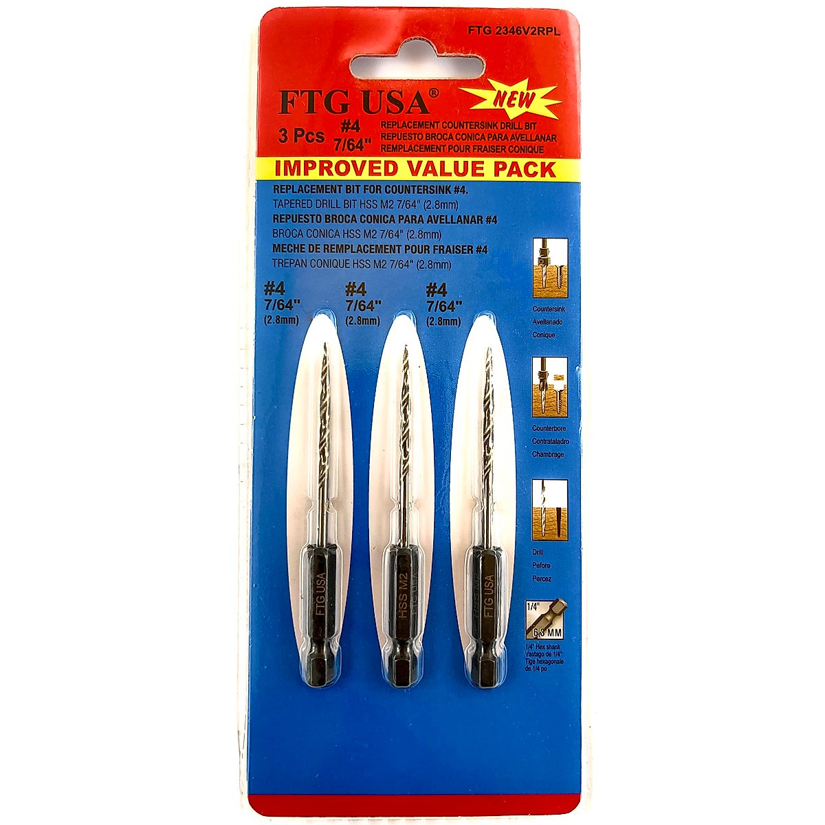 FTG USA Tapered Countersink Drill Bit Set 3 Pc #4 (7/64") Tapered Drill Bit Replacement, Countersink Bit Same Size for Wood Countersink Drill Bits