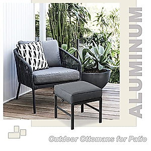Auzfy 2 Pieces Outdoor Ottomans for Patio Set, Assembled Aluminum Outdoor Footstool with Gray Cushions, Small Seat Furniture for Porch Yard Garden Deck, Grey Frame