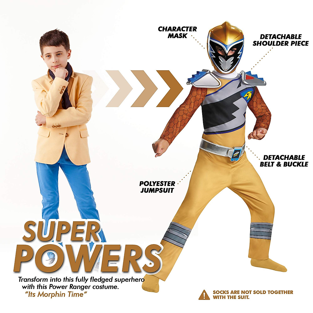 Gold Power Rangers Costume for Kids. Official Licensed Gold Ranger Dino Charge Classic Power Ranger Suit with Mask for Boys & Girls, Medium 7-8