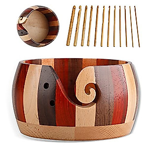 Durable Wooden Yarn Storage Bowls with 12 pcs Bamboo Handle Crochet Hook, Mix Color Yarn Knitting Holder Basket for Crocheting for Wool Ball, Handmade Craft Crochet Kit Organizer for Mother's Day