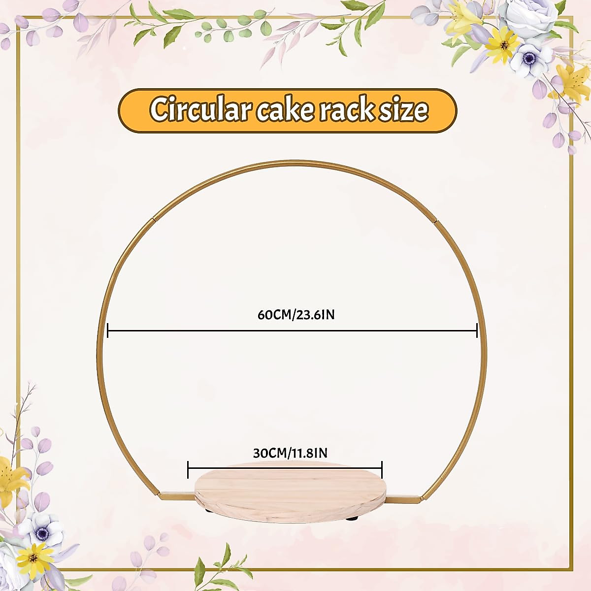 20 Inch Gold Cake Stand with Wooden Stand,Metal Arch Wedding Cake Stand,Floral Hoop Centerpiece and Cake Display Stand for Wedding Birthday Party Events Reception Decorations Supplies