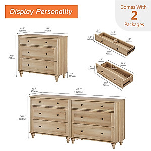 WAMPAT Dresser for Bedroom with 6 Drawers, Oak Kids Dressers with Wide Chest of Drawers, Mid Century Modern Wooden Closet Storage Organizer, Large Wood Dressers for Living Room, Nursery, Hallway