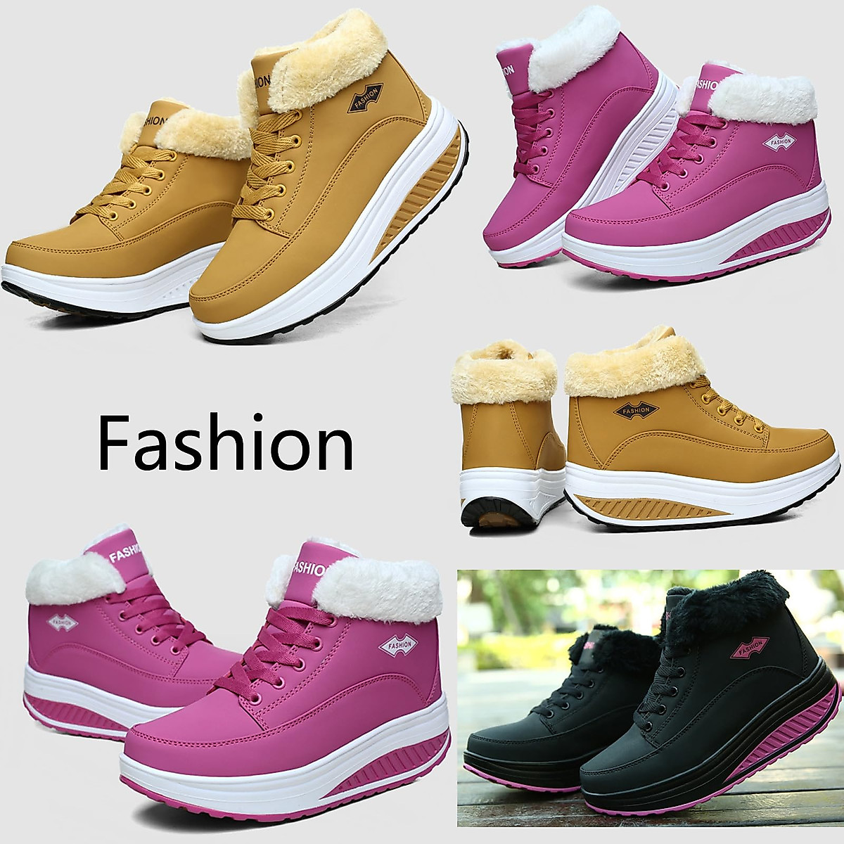 Gladtbser Women's Plus Velvet Arch Support Walking Shoes Autumn and Winter Keep Warm Casual Wedge Platform Sneakers Lace-Up Light Weight Orthotic Sneakers for Plantar Fasciitis (Black,8)