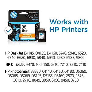 Original HP 98 Black Ink Cartridge | Works with HP DeskJet D4100, 5000, 6000, 9800; OfficeJet H470, 100, 6310, 7000; PhotoSmart B8350, C4100, D5000, 2000, 8000 Series | C9364WN