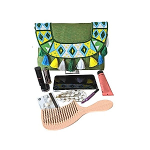 Women Boho Envelope Purse, Evening Bag, Shoulder Bag, Cross-body Bag With Handmade Beaded Pattern & Detachable Shoulder Chain (Green)