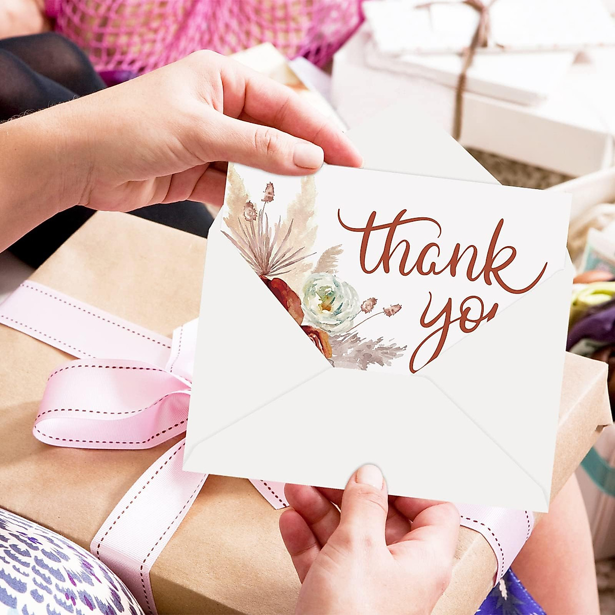 Levfla Floral Boho Thank You Cards 36 Pack Watercolor Pampas Grass Appreciation Cards Tropical Bohemian Gift Cards Set for Bridal Shower Baby Shower Weddings with Envelopes and Stickers