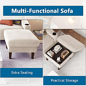 Dolonm L-Shape Modern Sofa, Sectional Couch with Built-in USB Port and Convenient Cup Holder, 3-Seater Sofa with Storage Ottoman, Couch for Living Room, Office, Apartment, Beige