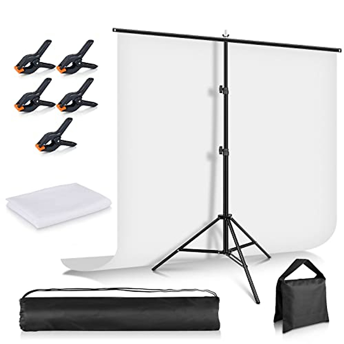 White Screen Backdrop with Stand 5x6.5ft, Foccalli Photography Backdrop Stand with Chromakey Muslin Background, 5 Backdrop Clips and Sandbag for Streaming Gaming Photoshoot