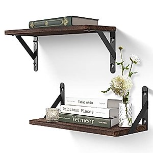 Uten Floating Shelves, Solid Wood Wall Mounted Shelf for Bathroom, Kitchen, Bedroom, Living Room with The Spirit Level and Metal Bracket, 17 Inch Floating Bathroom Shelves Set of 2, Brown
