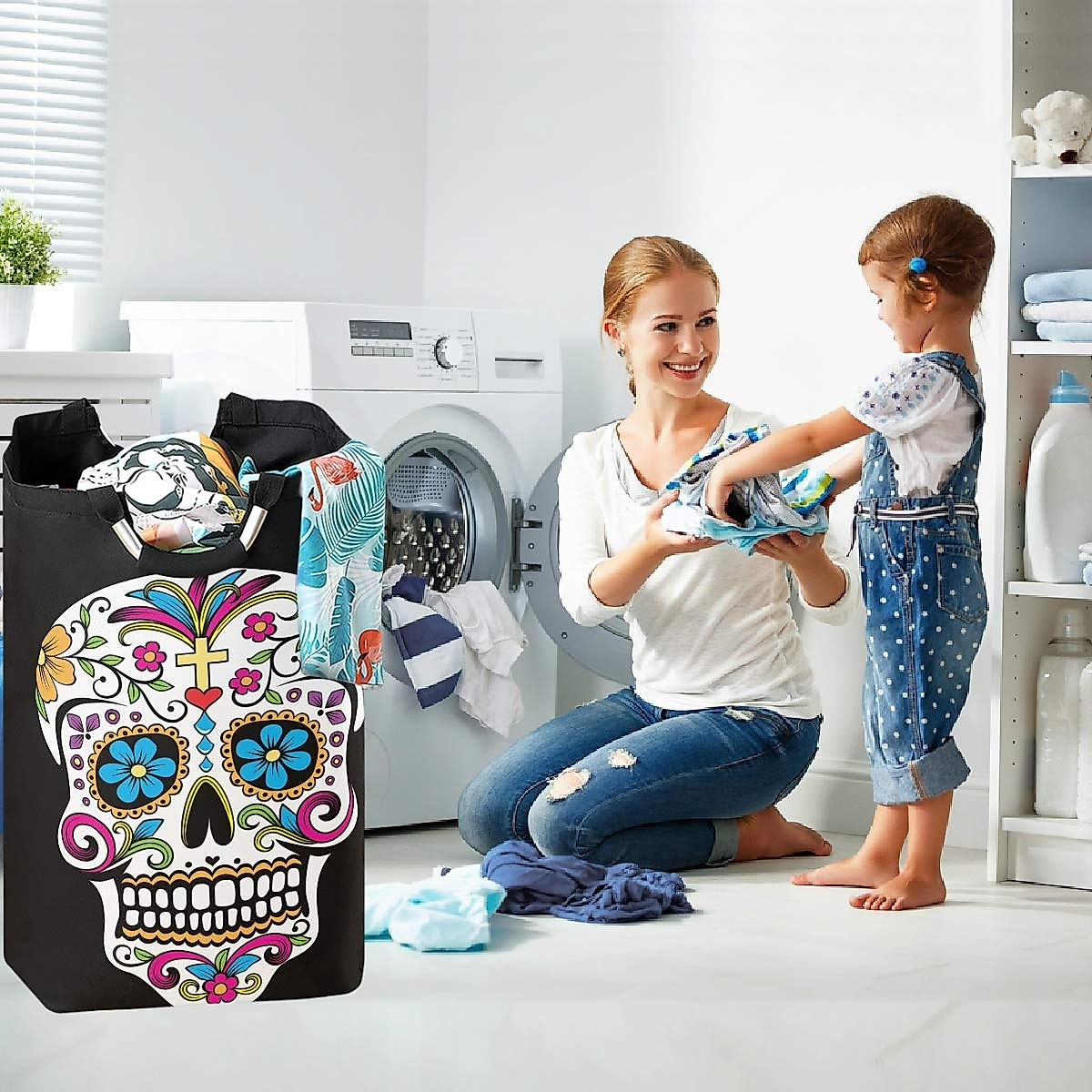 visesunny Sugar Skull Floral Large Laundry Hamper with Handle Foldable Durable Clothes Hamper Laundry Bag Toy Bin for Bathroom, Bedroom, Dorm, Travel