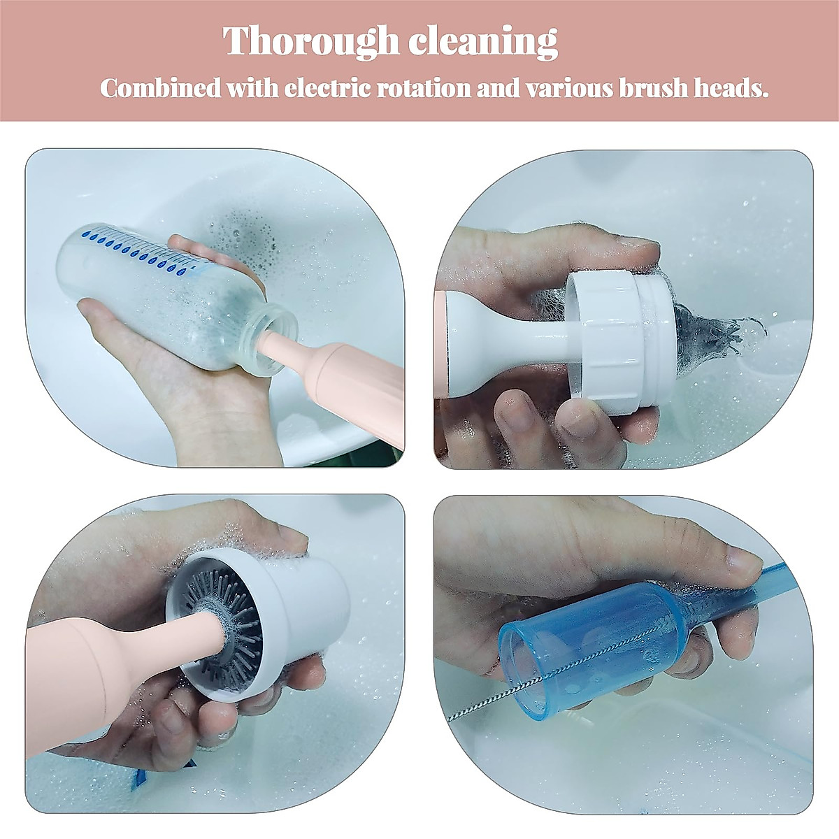 Augensterm Electric Cleaning Brush with USB Rechargeable Electric Bottle Brush Cleaner and 3 Replaceable Silicone Bottle Brushes and Straw Cleaner Brush,Perfect Baby Gifts and Kitchen Brushes(Pink)