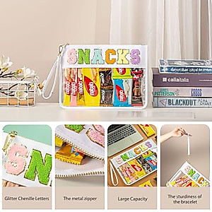 HANAMO Chenille Letter Clear Bag Snacks, Snacks Bag Chenille Waterproof Nylon Transparent Bag Chenille Letter Bag Snacks Pouch Clear Cosmetic Bag with Zipper Portable Makeup Wrist Bag