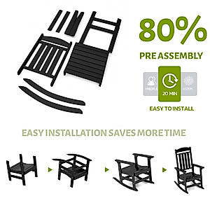 FOOWIN Outdoor Rocking Chair Set of 2, High Back Patio Rocking Chair, HDPE All Weather Resistant Porch Rocker for Adult, Oversized Rocking Chairs for Garden, Lawn, Indoor & Outdoor Use, Black