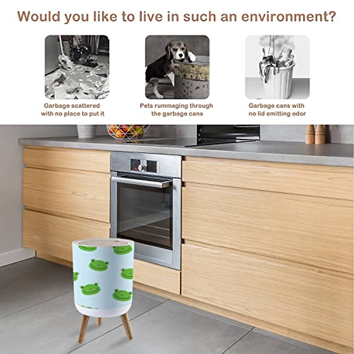 Small Trash Can with Lid Seamless with Cute Frogs for Kids Stock 7 Liter Round Garbage Can Elasticity Press Cover Lid Wastebasket for Kitchen Bathroom Office 1.8 Gallon