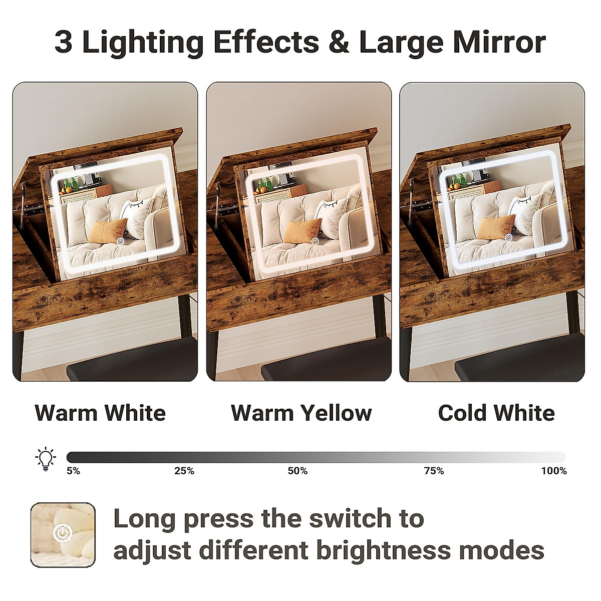 IRONCK Vanity Desk Set with LED Lighted Mirror & Power Outlet, Flip Top Makeup Vanity Table with Drawers & Cabinet,for Bedroom, Bathroom, Vintage Brown