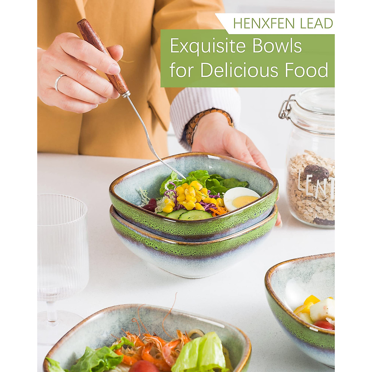 HENXFEN LEAD Ceramic Cereal Bowls, Square Serving Bowls 22 Oz for Side Dish, Appetizers, Salad - Oatmeal, Soup, Fruit Bowls Microwave Oven Safe, Set of 4 - Reactive Green