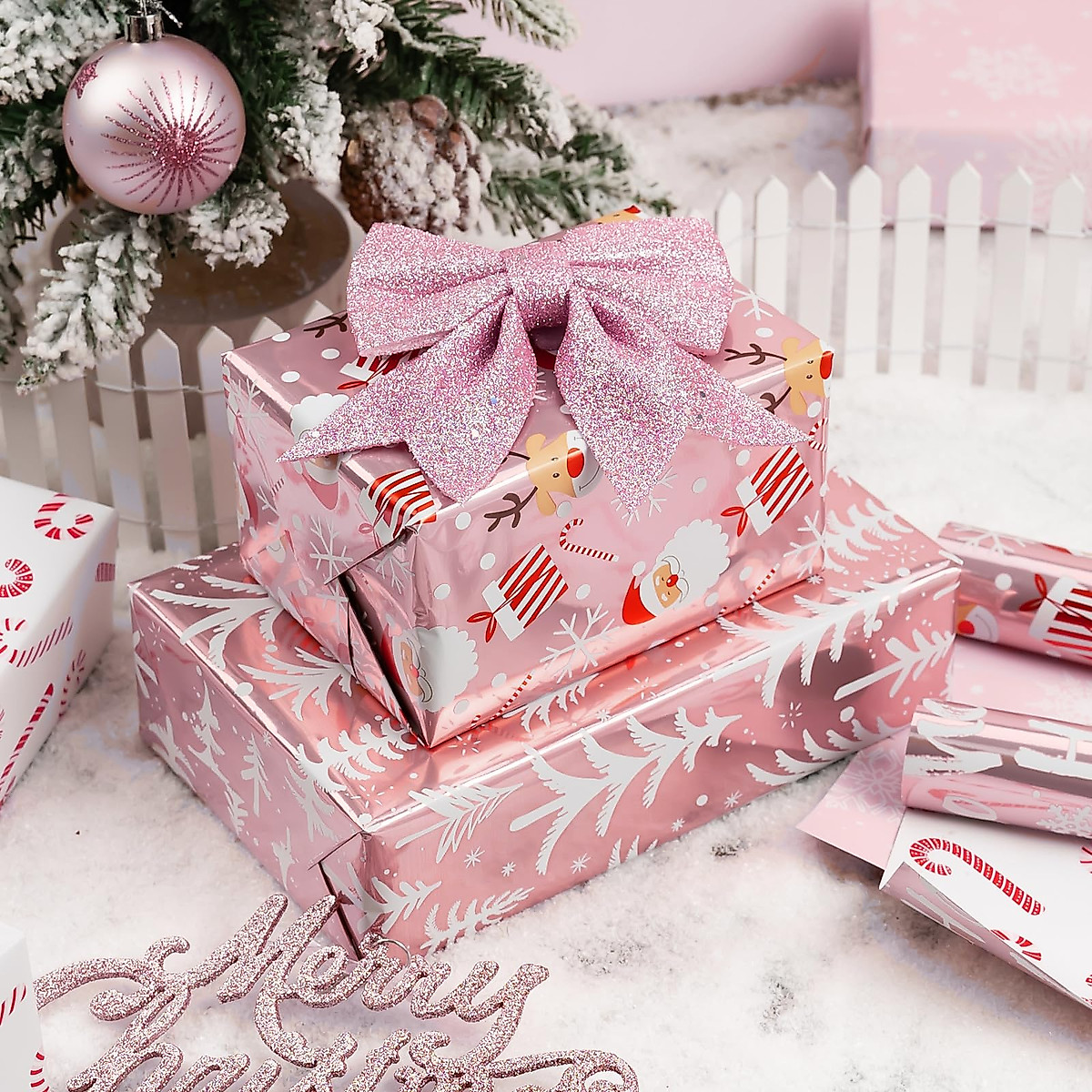 Afucus Reversible Pink Christmas Wrapping Paper, Christmas Tree, Joy Candy Cane, Snowflake, Reindeer, and HO Santa Laughter Themed Gift Wrap Paper, Mini Rolls for Christmas (17 Inch X 120 Inch)